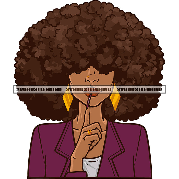 Afro Woman Shut Up Hand Sign African American Woman Curly Hairstyle De ...