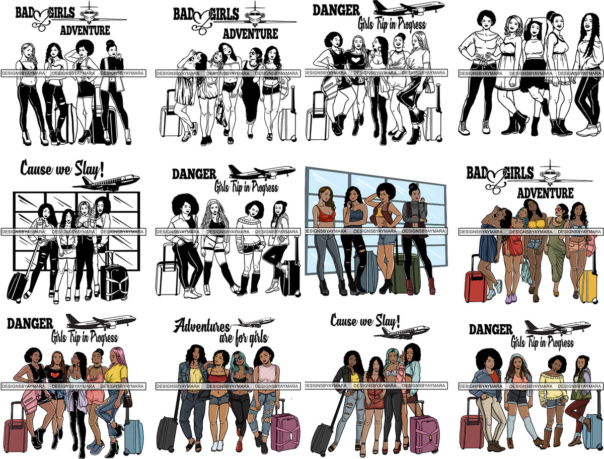 Bundle 12 Ladies Trip Flight Getaway Color Designs PNG Files For Print ...