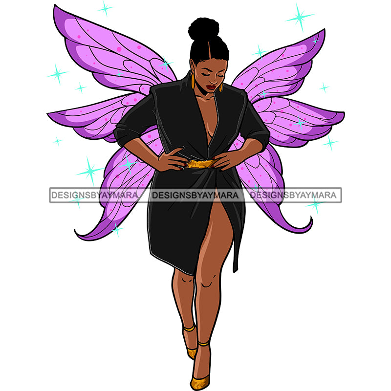Afro Curvy Bodacious Woman Butterfly Wings Body Pose Cute Dress Updo P ...