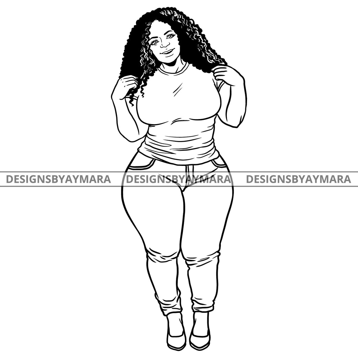 Afro Sexy Babe Curvy Bodacious Long Curly Hair B/W SVG JPG PNG Vector ...
