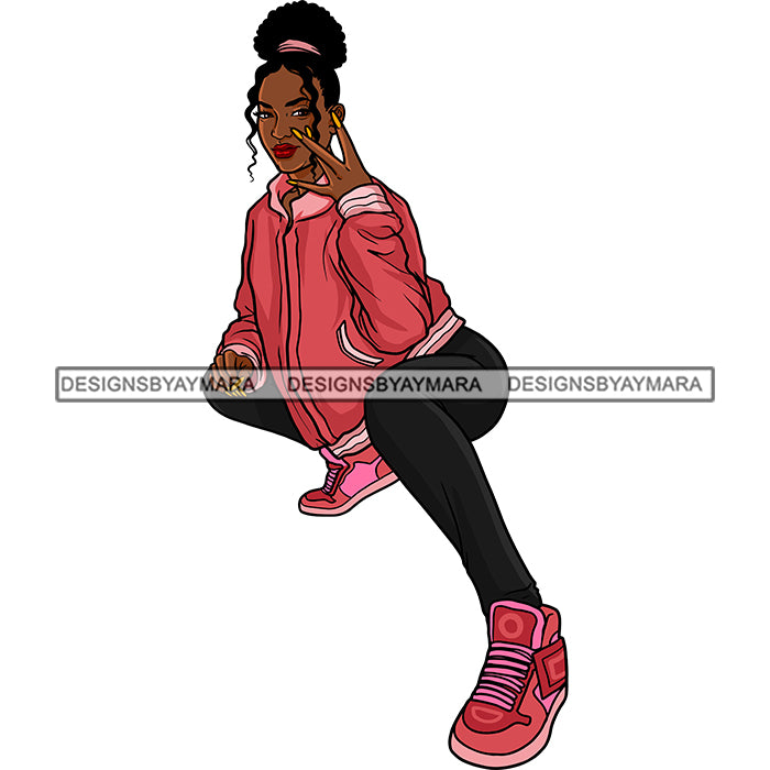 Sexy Afro Beauty Rapper Squatting Wearing Sweatshirt Leggings Updo Bun ...