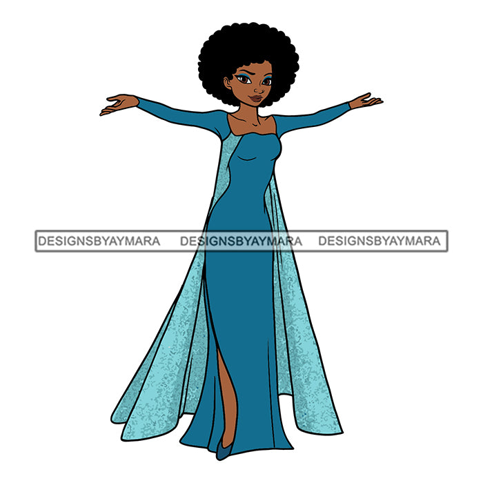 Black Princess Afro Kinky Hair Long Blue Dress Cartoon Illustration He ...