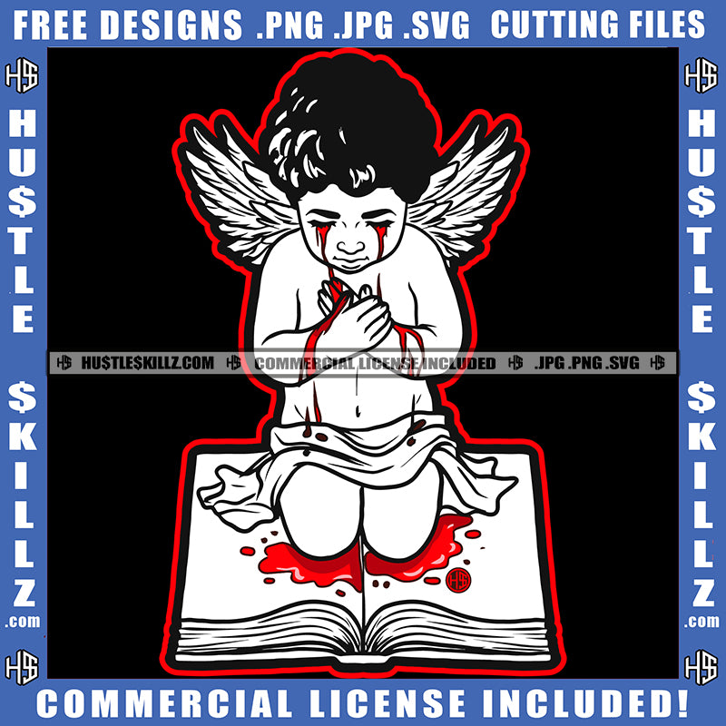 Young Child Angle Sitting On Book Vector Angle Hard Praying Blood Drip ...