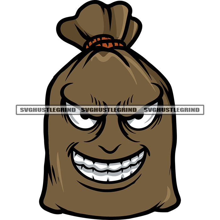 Angry Face Money Bag Cartoon Character On Floor White Teeth Out Of Mou ...