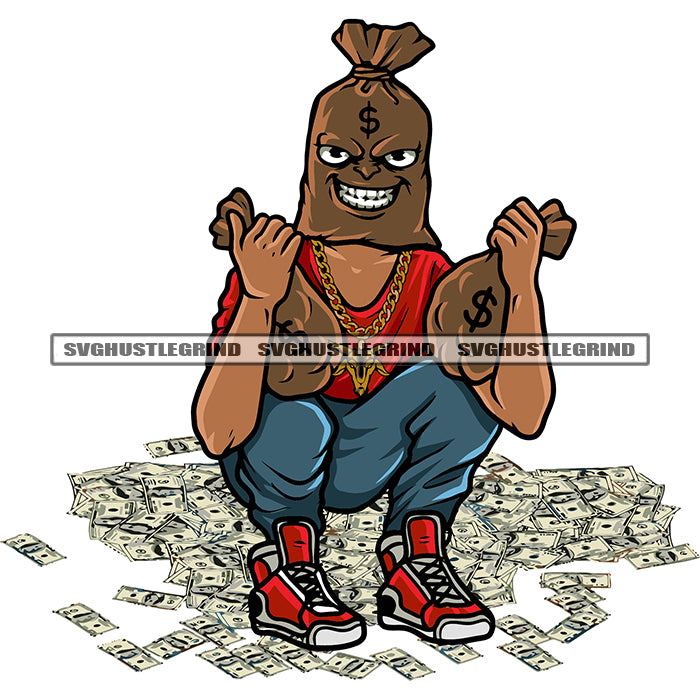 Smile Face Gangster African American Character Sitting Pose Hand Holdi ...