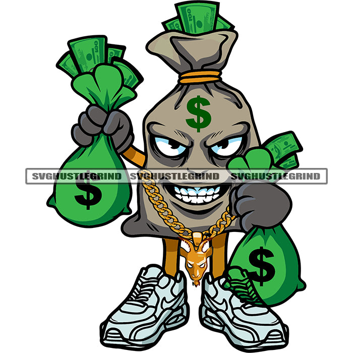 Funny Money Bag Cartoon Character Hand Holding Money Bag Design Elemen ...